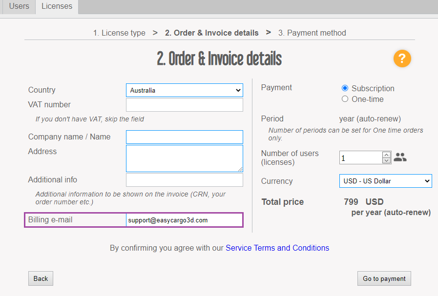 Ordering a license | Help | EasyCargo