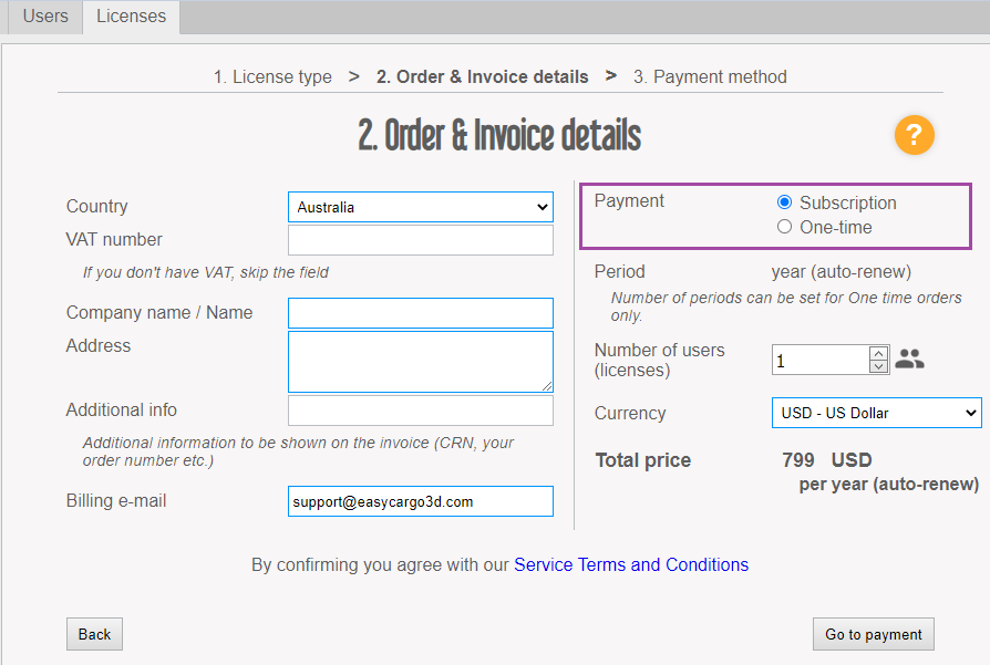Ordering a license | Help | EasyCargo