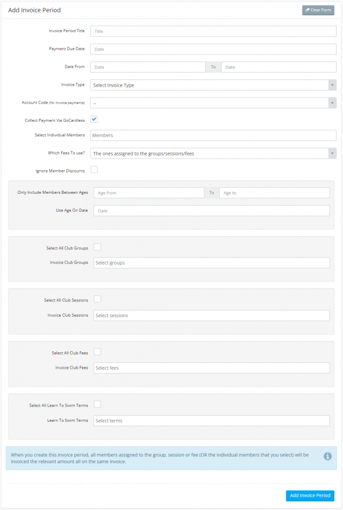 Add Invoice Period | SwimClub Manager