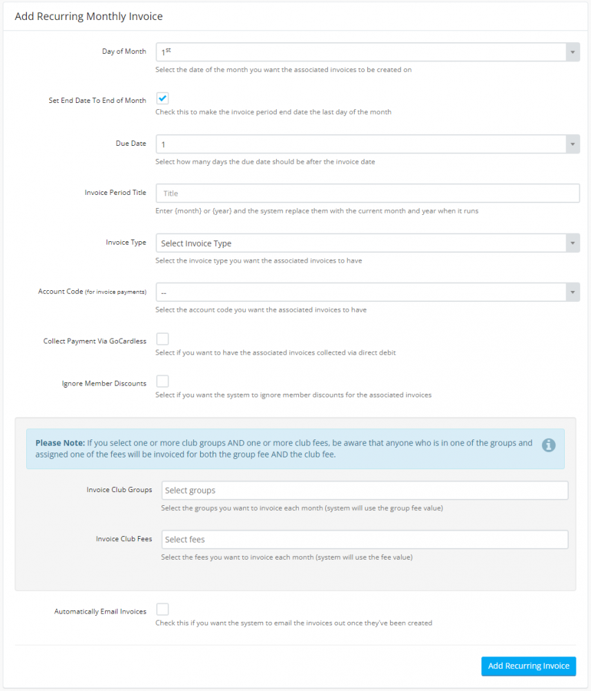 Recurring Invoices | SwimClub Manager