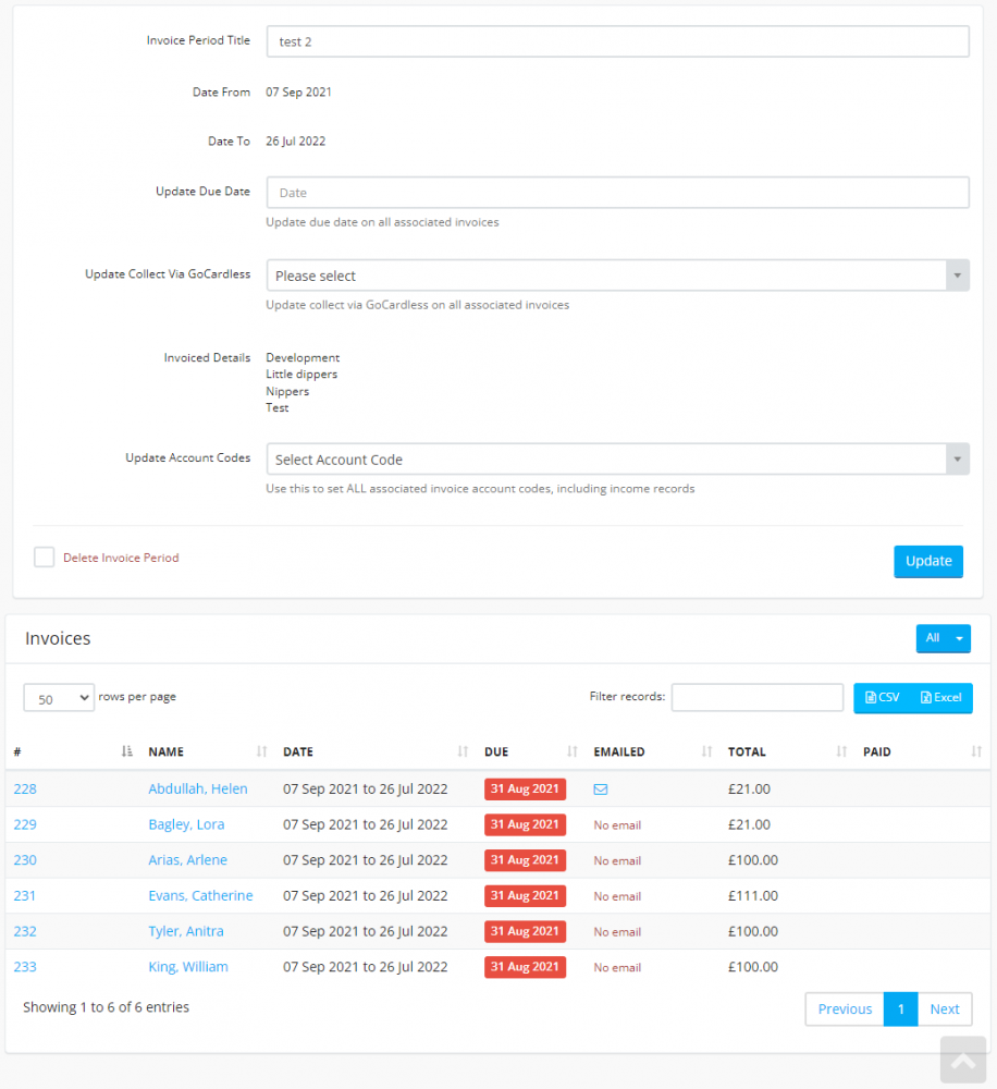 View Invoice Periods | SwimClub Manager